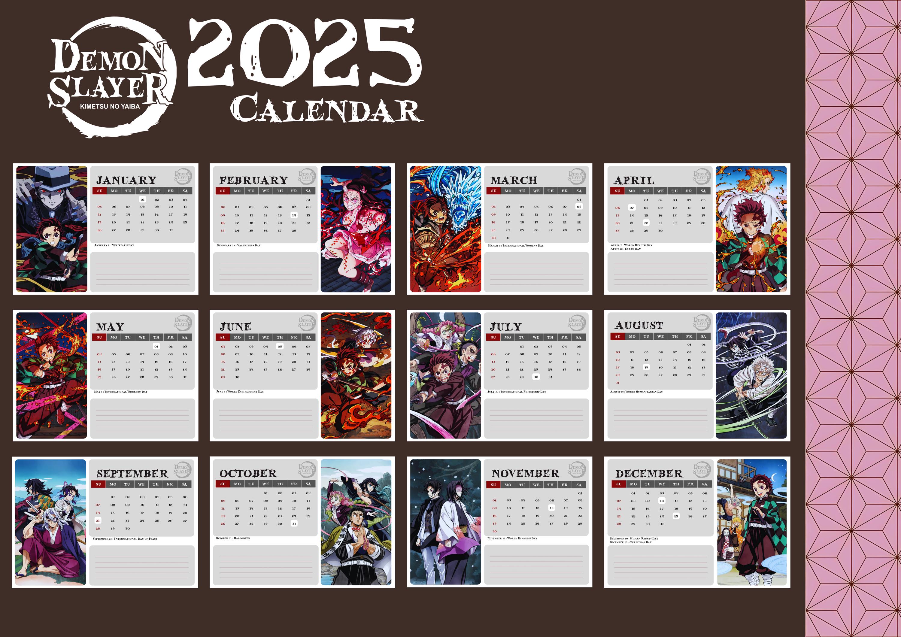 Anime Calendar 2025 DEMON SLAYER Inspired 2 Designs Printable PDF and ...