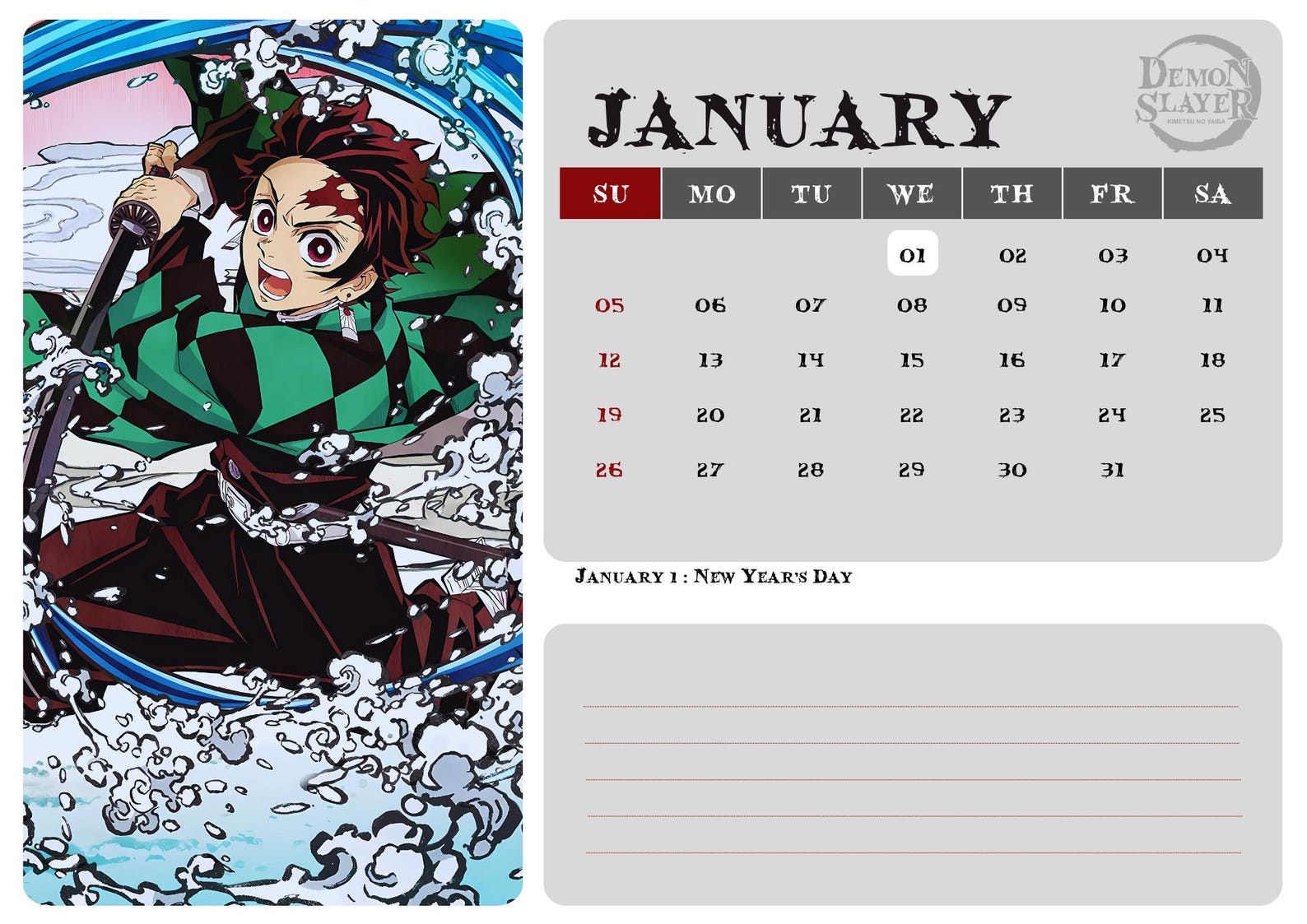 Anime Calendar 2025 DEMON SLAYER Inspired 2 Designs Printable PDF and ...