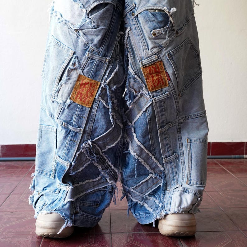 34 Waist Men Vintage Patchwork Jeans Wide-leg Denim Pants One-of-a-kind ...