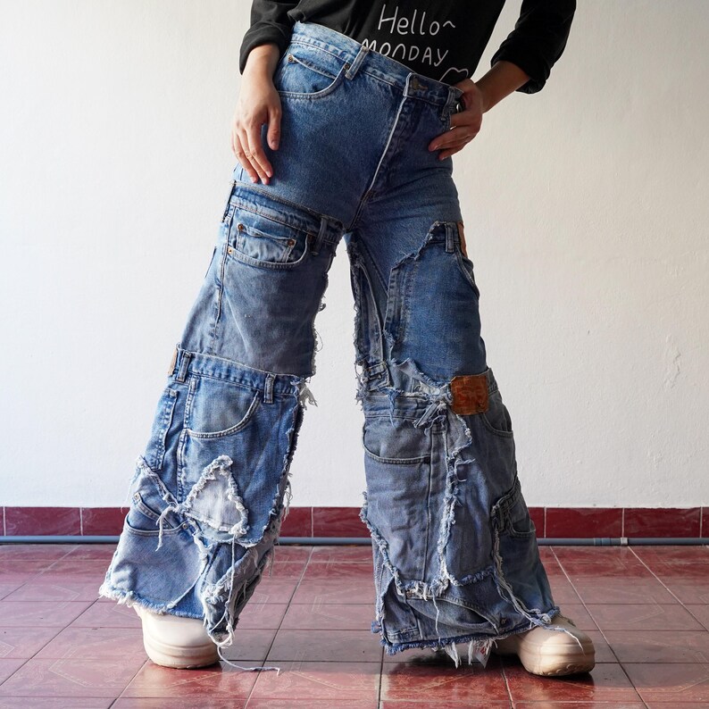 30" Waist Handmade Denim Pants Ripped Patchwork Denim Wide Leg Patch ...