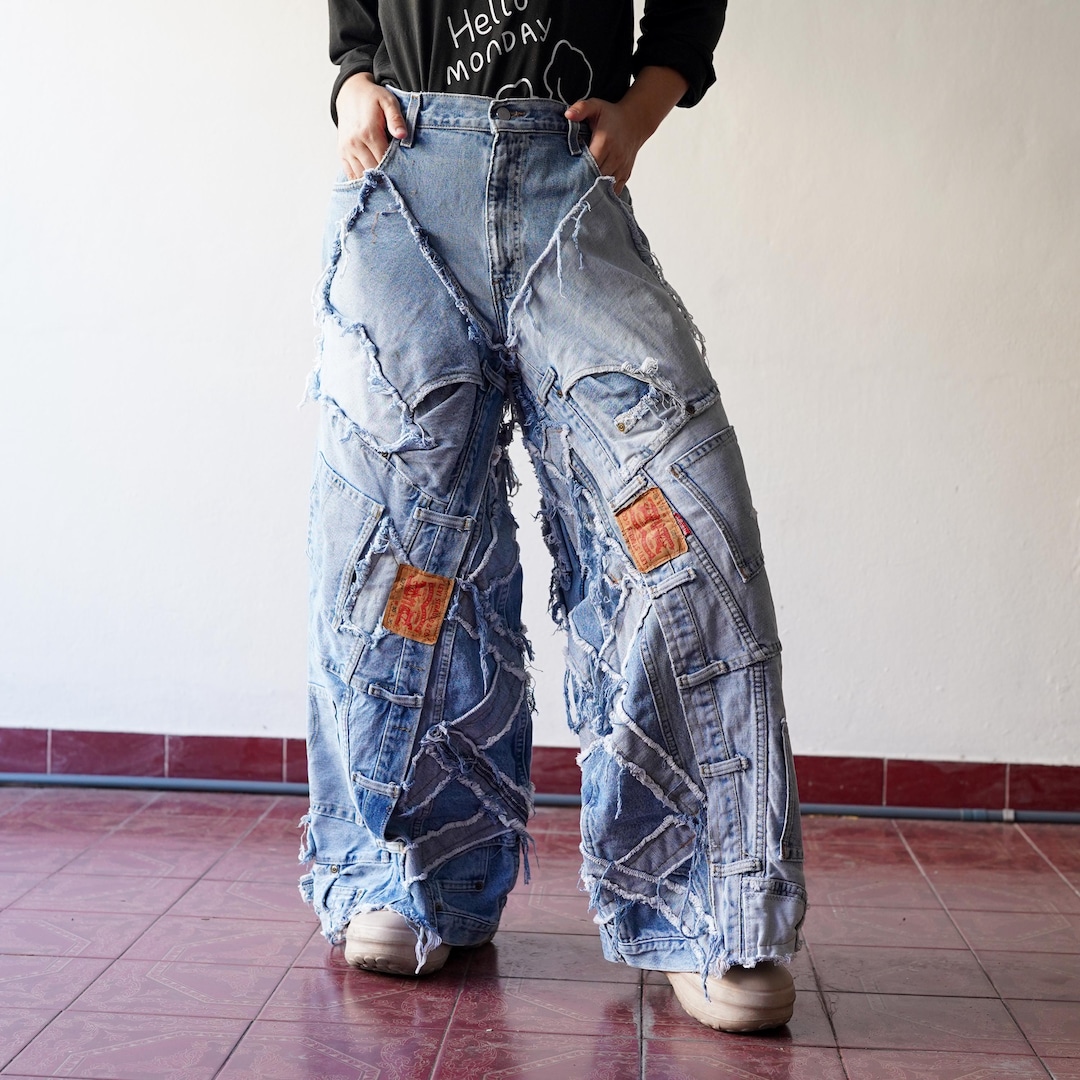 34 Waist Men Vintage Patchwork Jeans Wide-leg Denim Pants One-of-a-kind ...