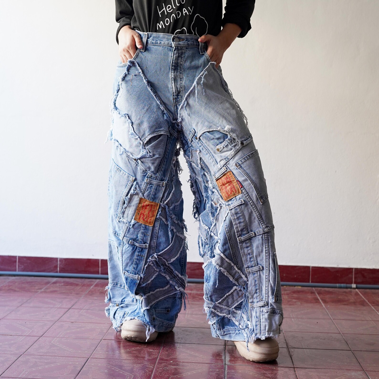 34 Waist Men Vintage Patchwork Jeans Wide-leg Denim Pants One-of-a-kind ...