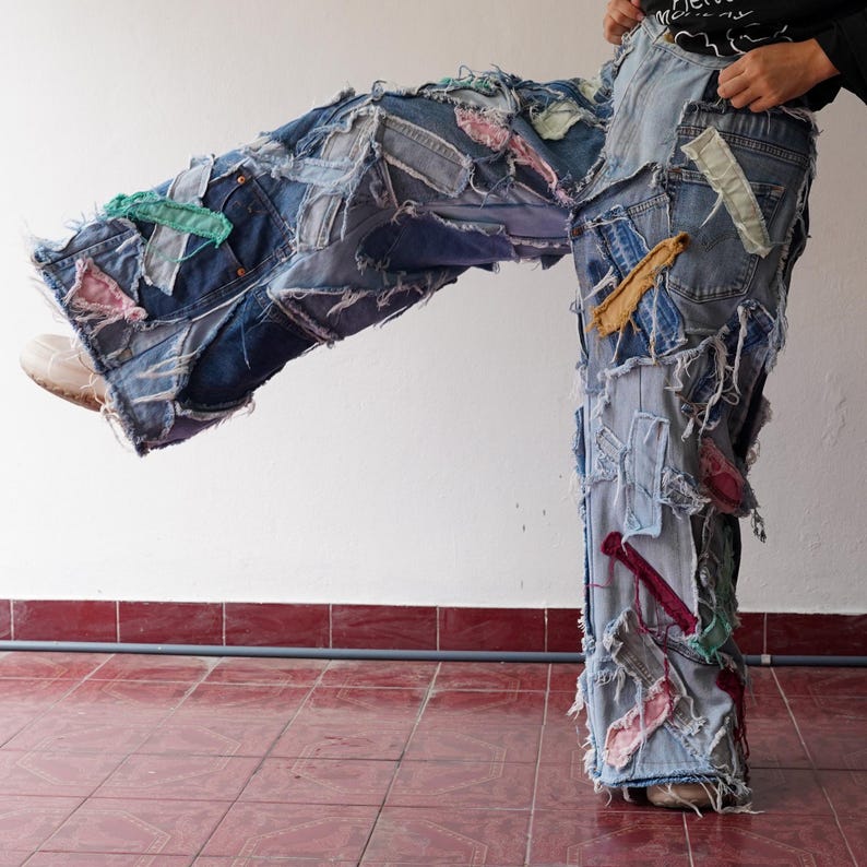 29 Waist, Vintage Upcycled Patchwork Jeans 70s Retro Distressed Denim ...