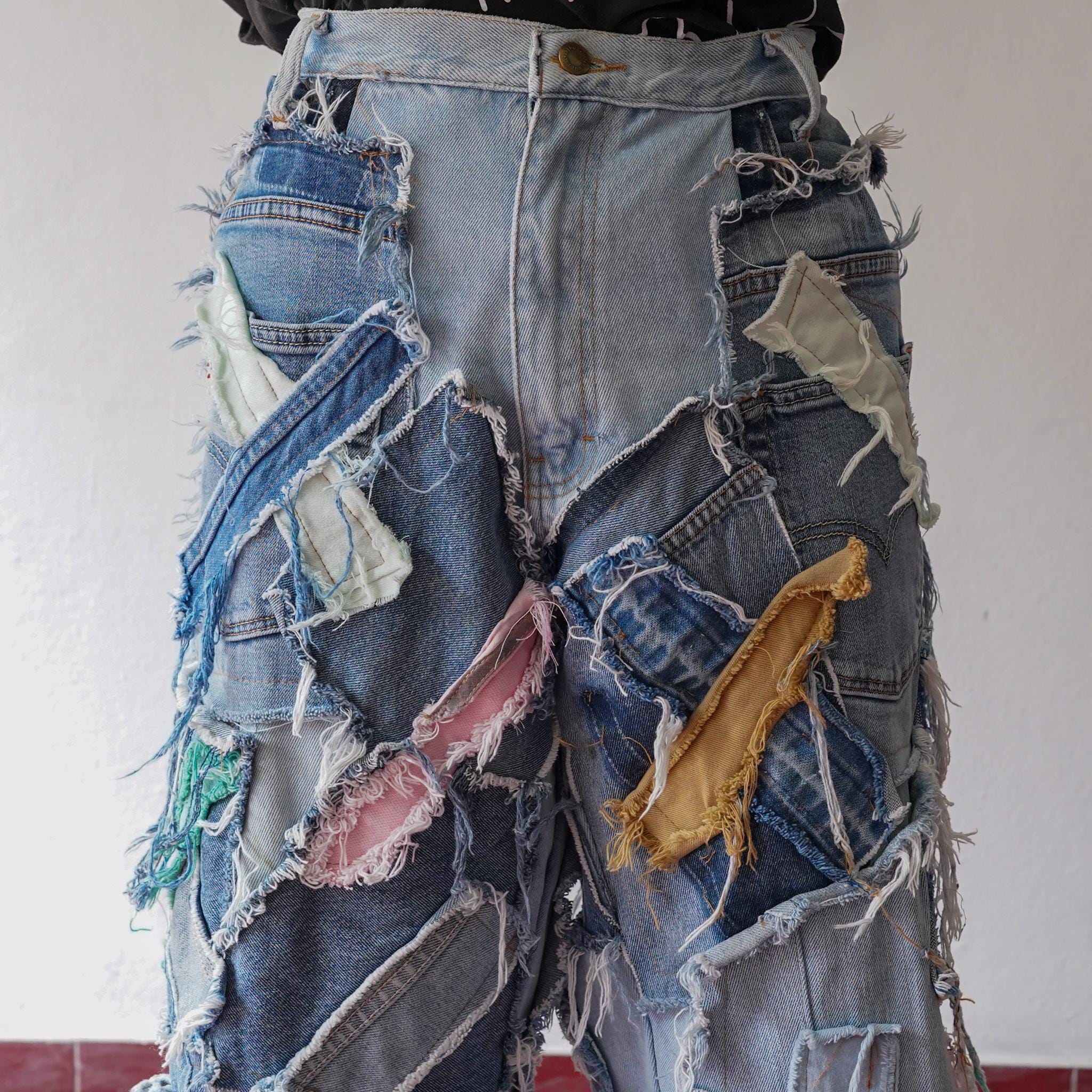 29 Waist, Vintage Upcycled Patchwork Jeans 70s Retro Distressed Denim ...