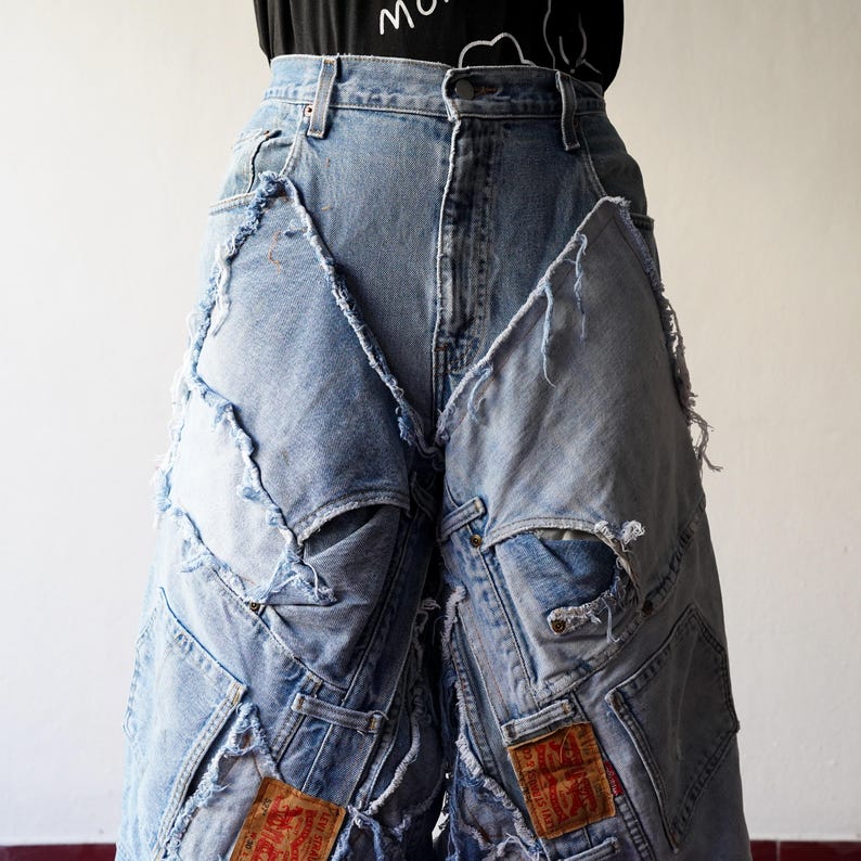 34 Waist Men Vintage Patchwork Jeans Wide-leg Denim Pants One-of-a-kind ...