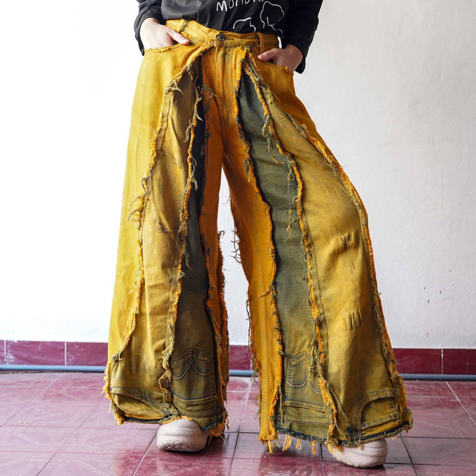 30 Waist, Vintage Upcycled Patchwork Jeans Fringe Denim Patchwork Bell ...
