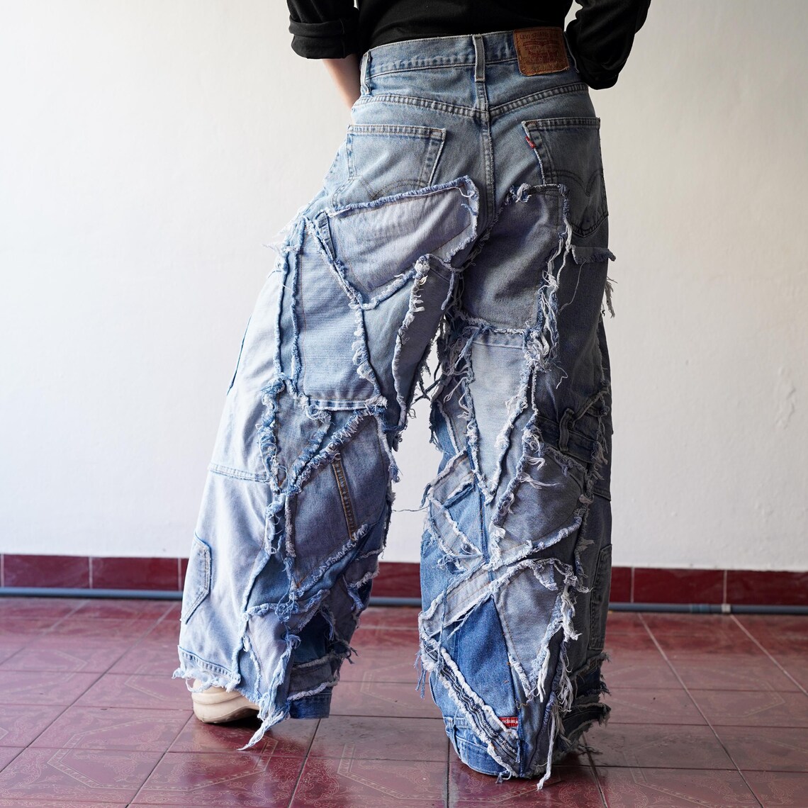 34 Waist Men Vintage Patchwork Jeans Wide-leg Denim Pants One-of-a-kind ...