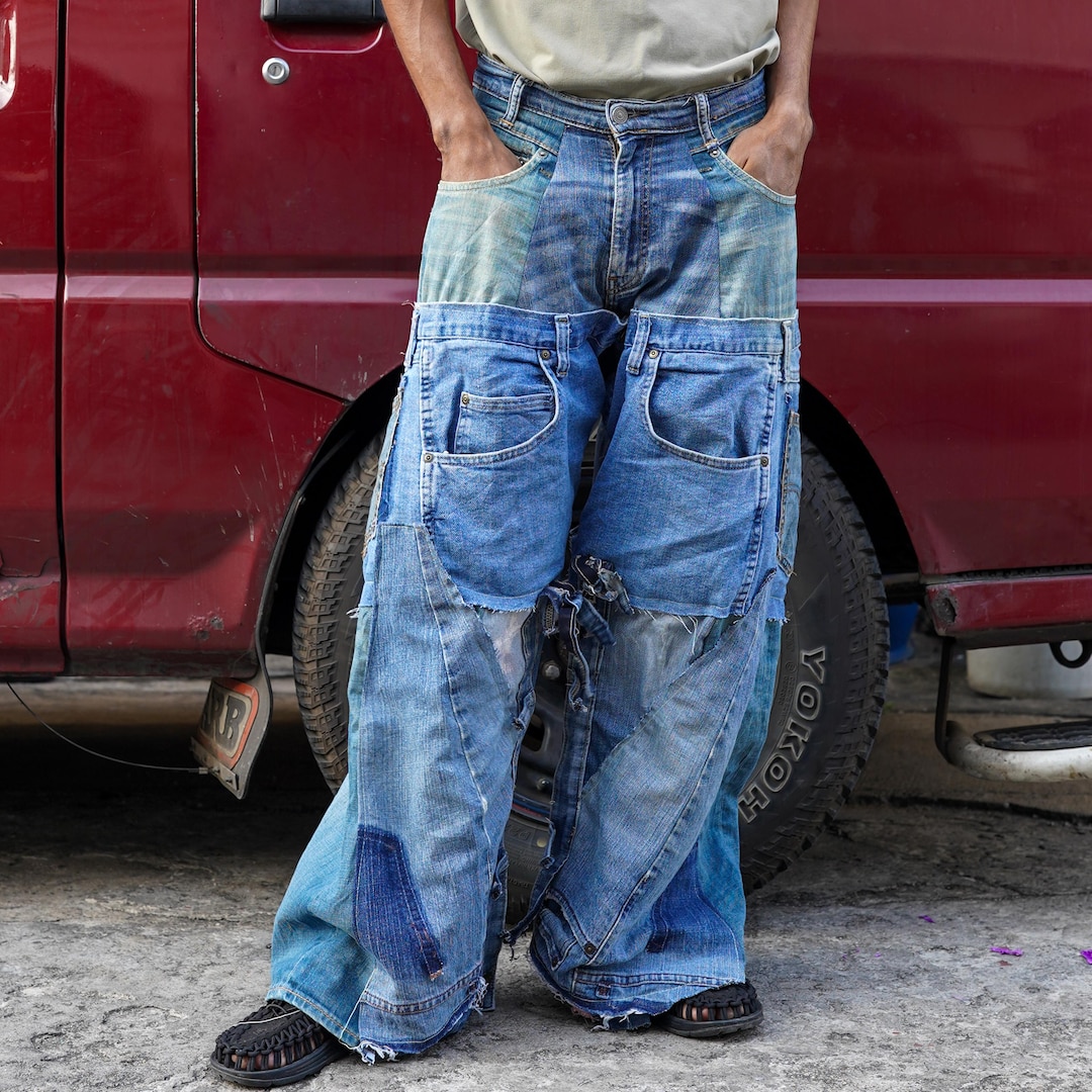 30" Waist, Upcycled Denim Jeans Patchwork Handcrafted Two-tone Patch ...