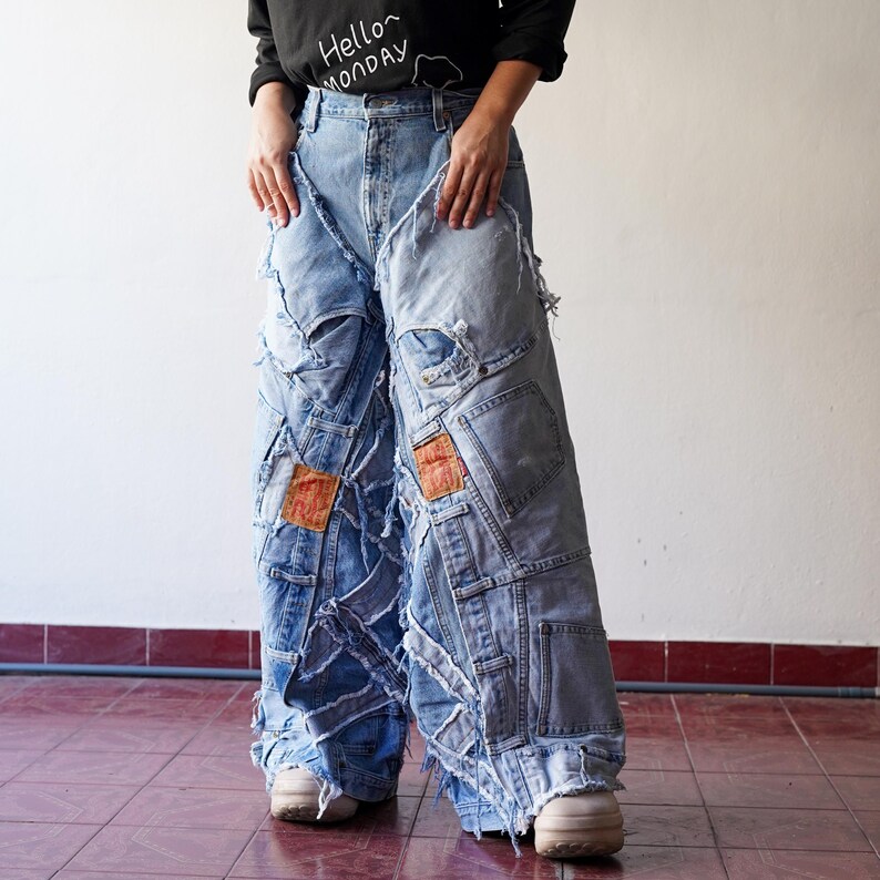 34 Waist Men Vintage Patchwork Jeans Wide-leg Denim Pants One-of-a-kind ...