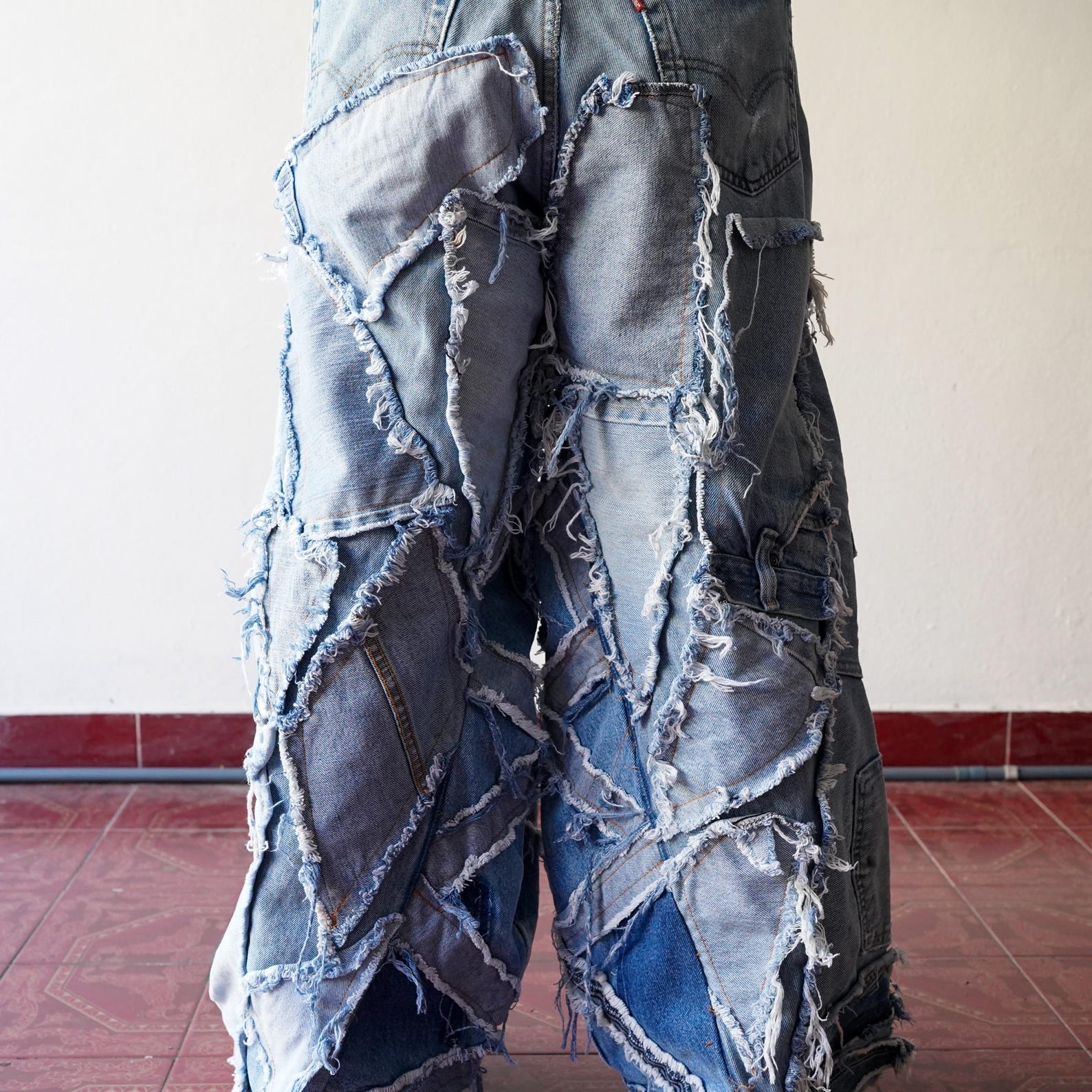 34 Waist Men Vintage Patchwork Jeans Wide-leg Denim Pants One-of-a-kind ...