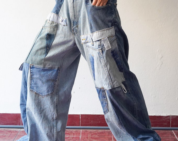 32 Waist, 1990s Vintage Upcycled Remake Handmade Patchwork Jeans Denim ...
