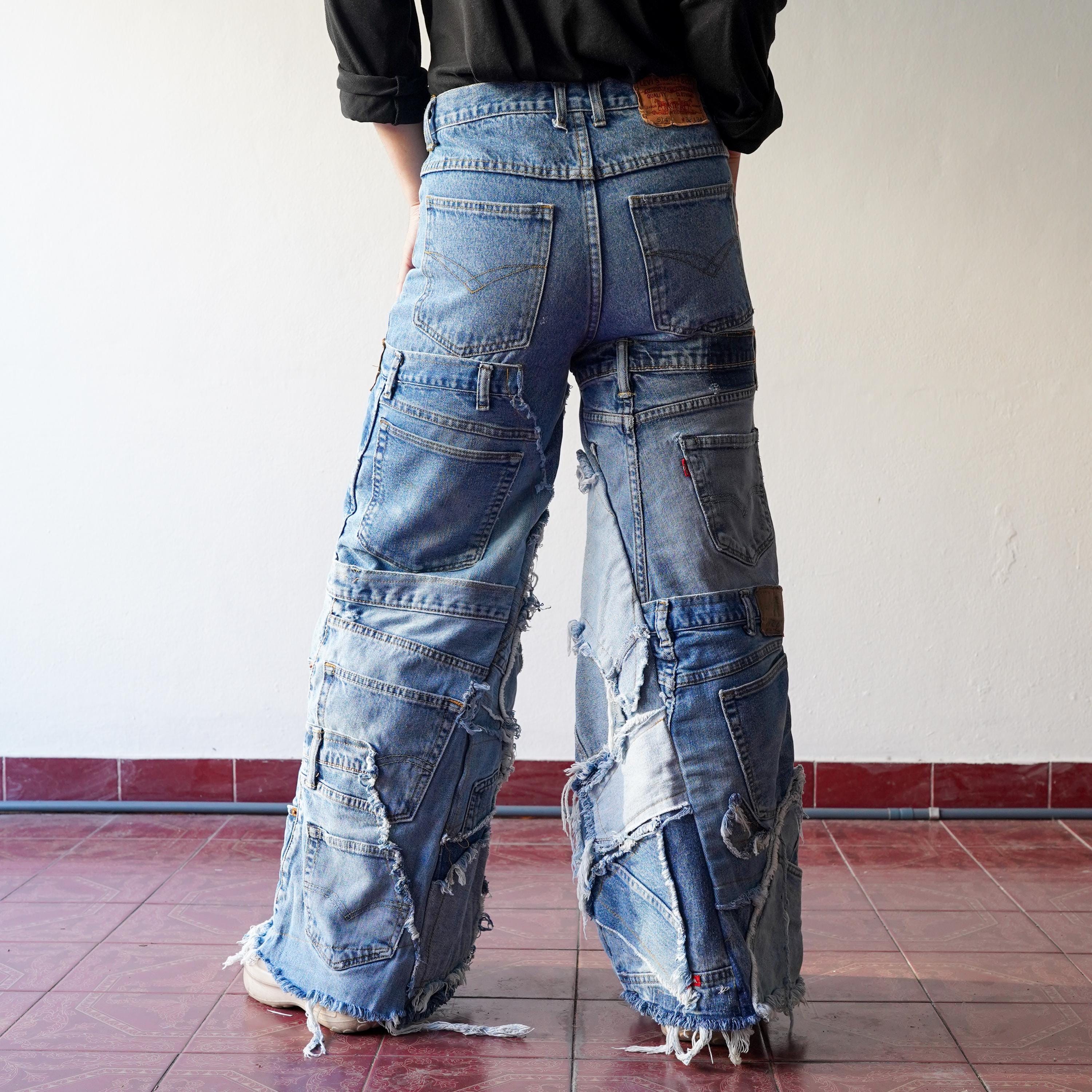 Patchwork Bell Bottom Jeans – 30" Waist, Handmade Y2K Festival Pants ...