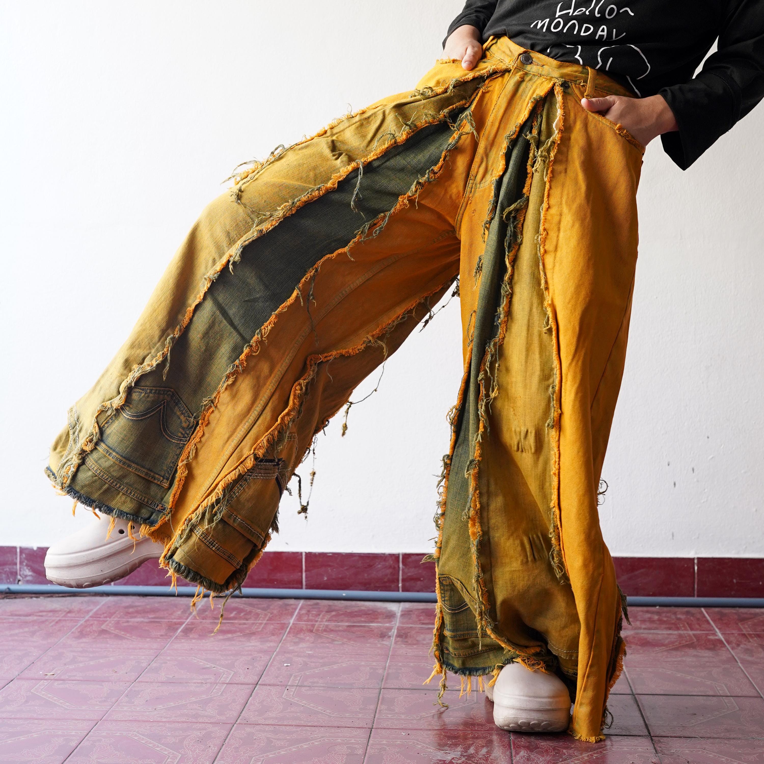 30 Waist, Vintage Upcycled Patchwork Jeans Fringe Denim Patchwork Bell ...