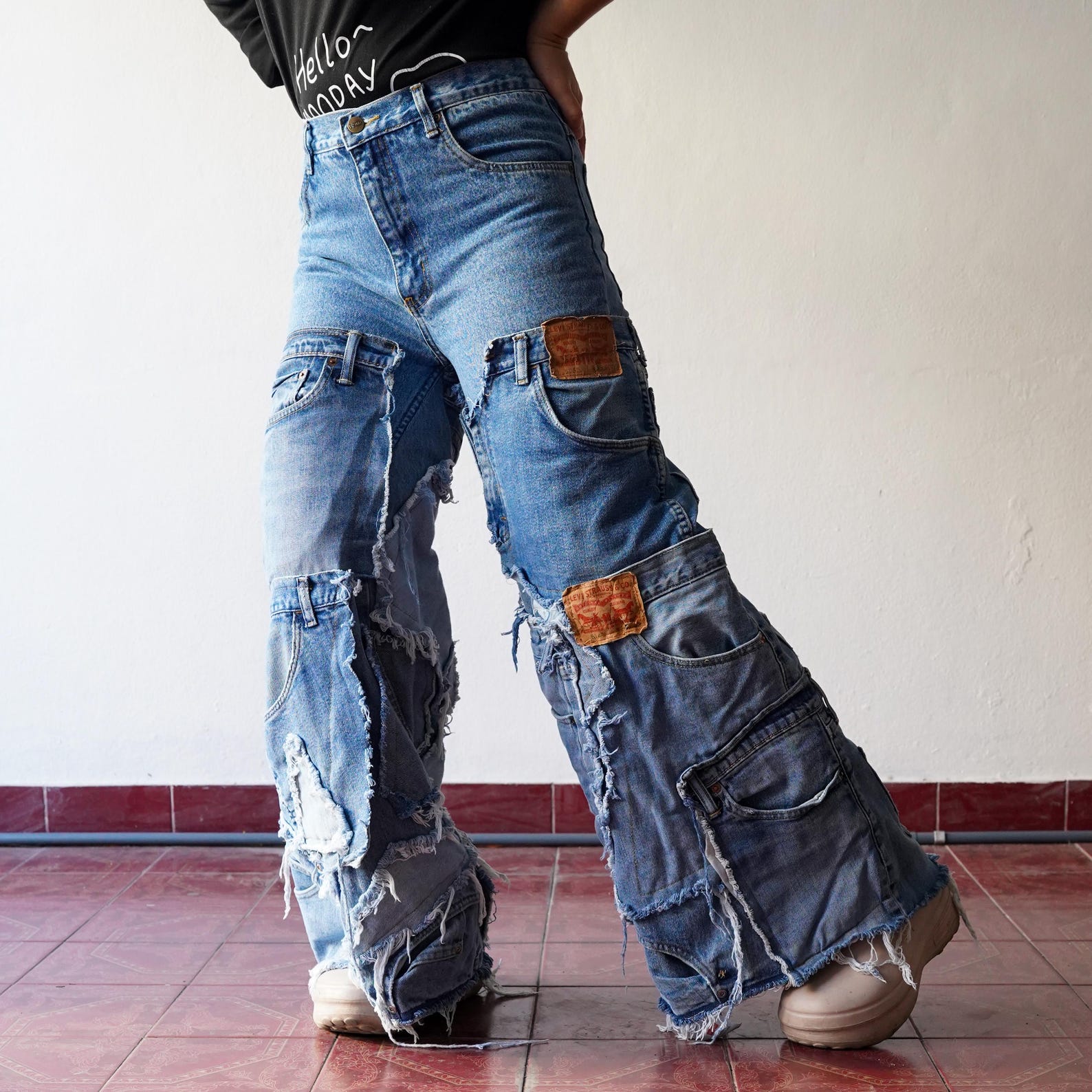 Patchwork Bell Bottom Jeans – 30" Waist, Handmade Y2K Festival Pants ...