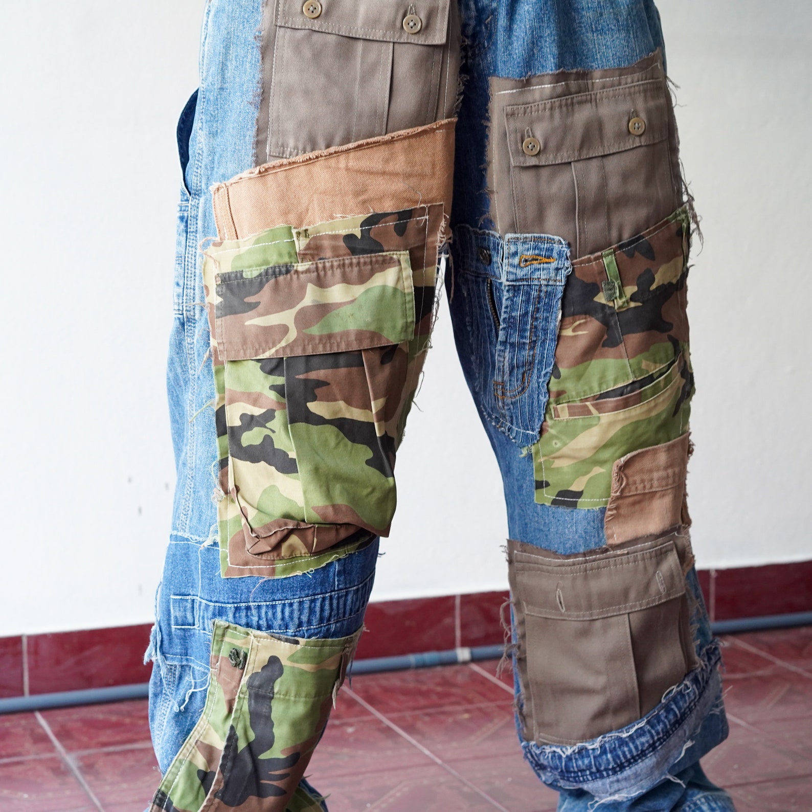 36 Waist, Vintage 1990s Denim Jeans Pants Army Camouflage Patchwork ...