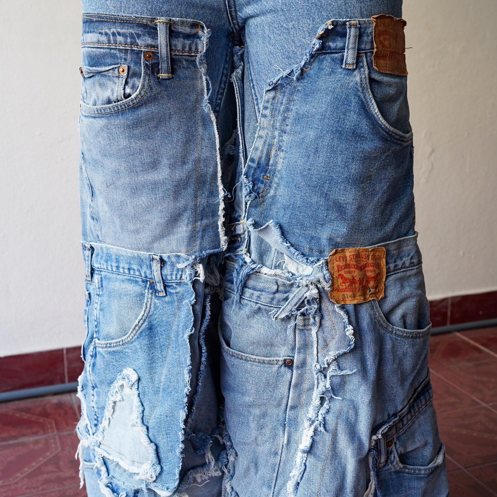 Patchwork Bell Bottom Jeans – 30" Waist, Handmade Y2K Festival Pants ...