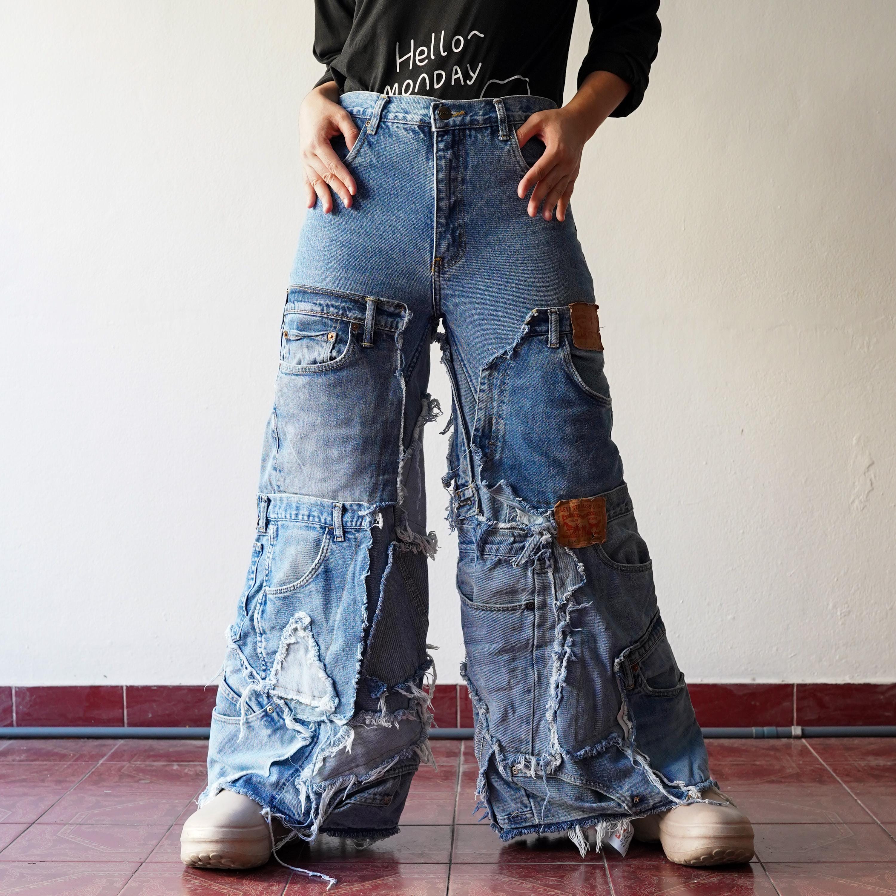 Patchwork Bell Bottom Jeans – 30" Waist, Handmade Y2K Festival Pants ...