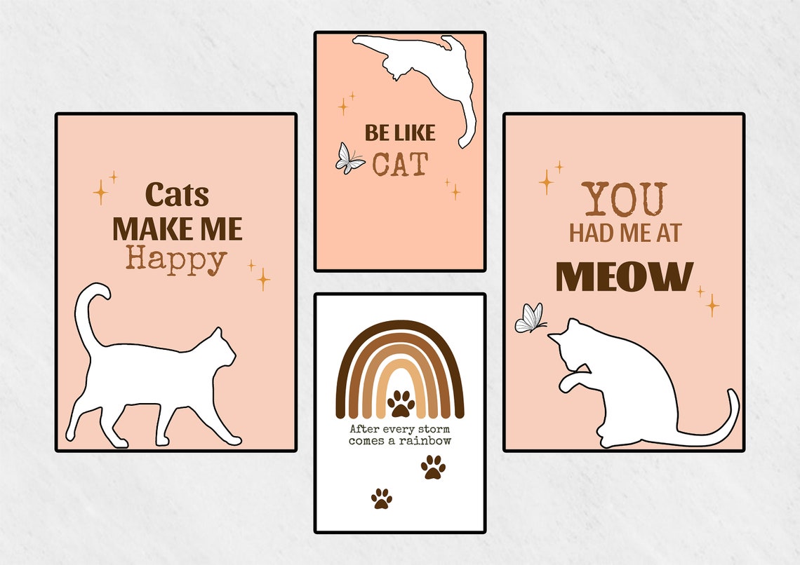 Cat Art Wall Prints , Set of 4 Posters, Pet Wall Art, Cat Wall Prints ...