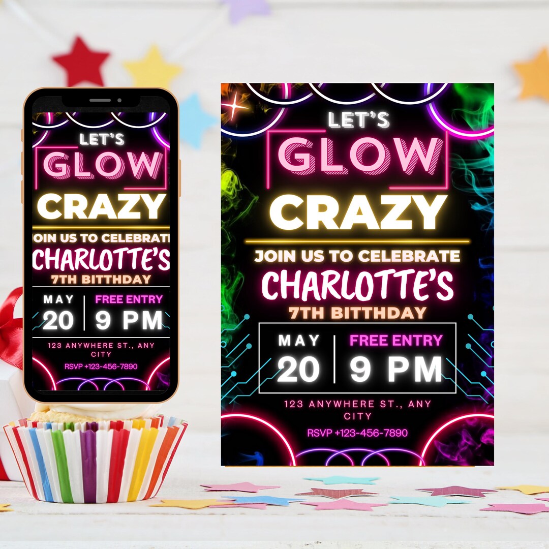 Editable Glow Birthday Party Invitation Template, Girl Boy Neon Party ...