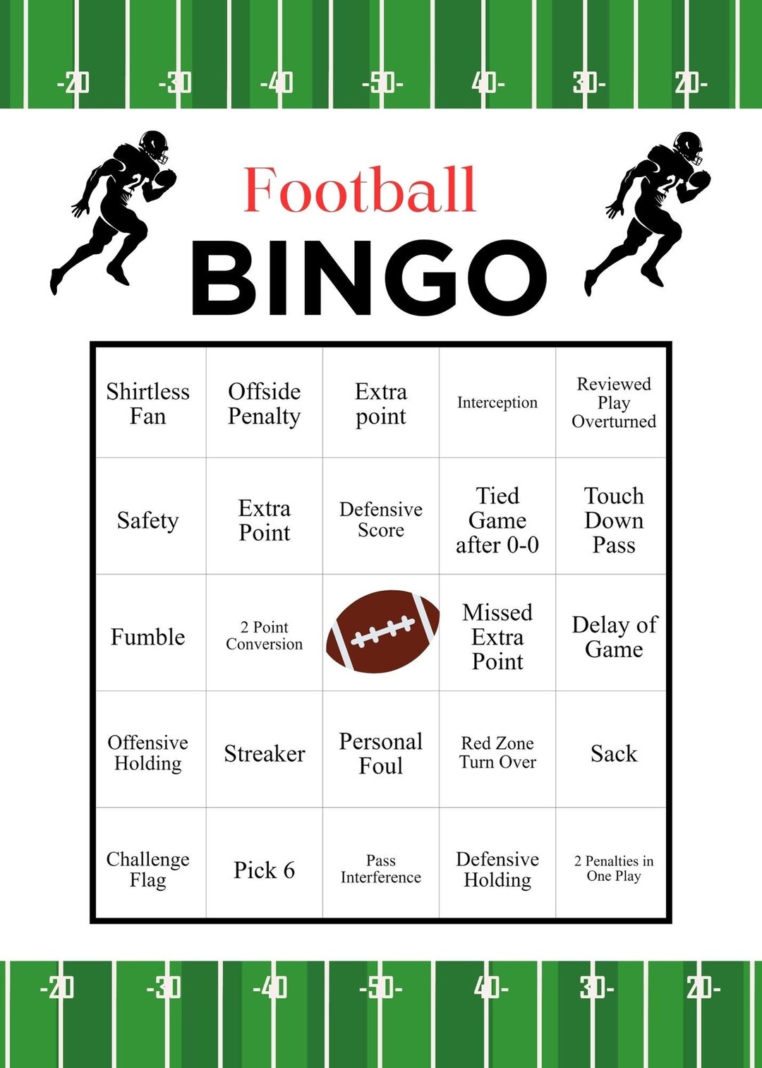 30 Football Bingo Game Cards, Football Game, Family Fun, Game Night ...