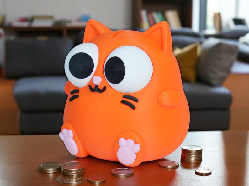 3D Printed Cat Coin Bank – Orange Kawaii Kitty Piggy Bank - Etsy