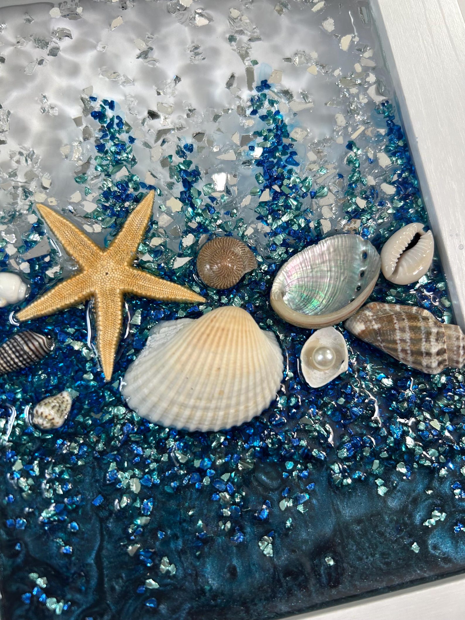 Seashell Sea Glass Resin Beach Art/coastal Blue Beach House Decor Art ...