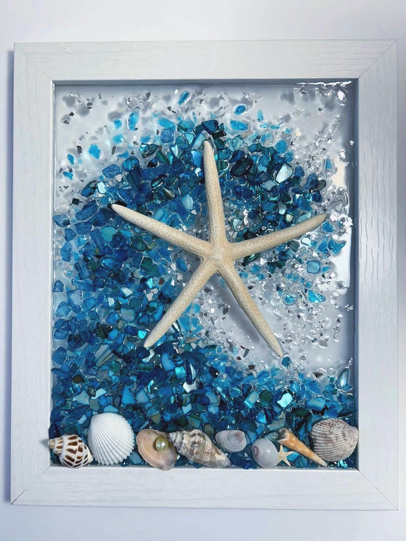 Blue Wave Shell Sea Glass Resin Art/coastal Wave Beach Decor/beach Wall ...