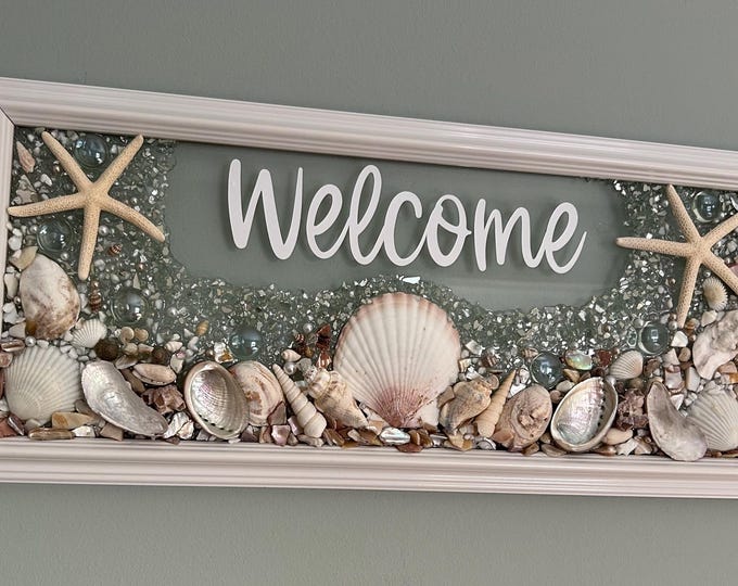 Welcome Sign Beach House Coastal Seashell Sea Glass Starfish Resin Wall ...