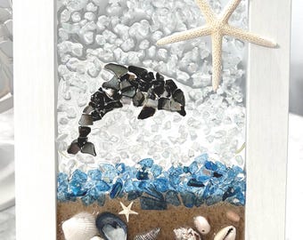 Dolphin Seashell Sea Glass Resin Art/dolphin Beach Decor/coastal Decor ...