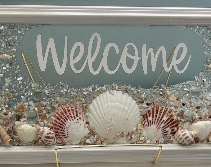 Welcome Sign Beach House Coastal Seashell Sea Glass Starfish Resin Wall ...