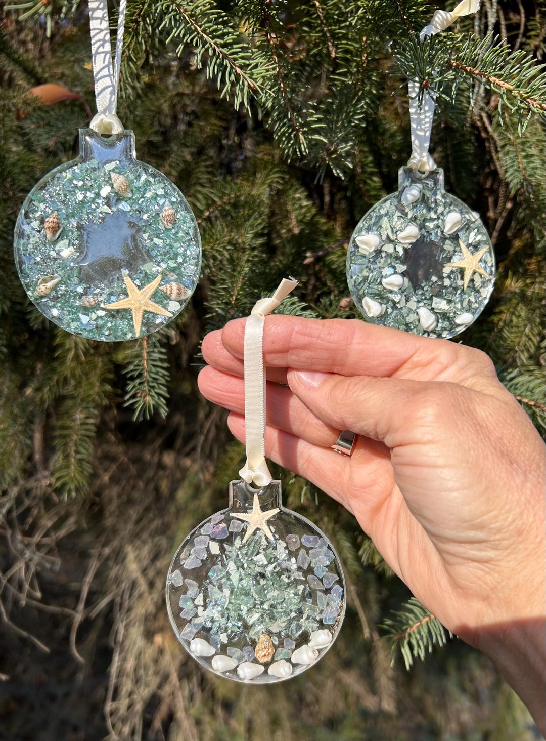 Coastal Christmas Seashell Sea Glass Resin Ornaments Set of 3/coastal ...