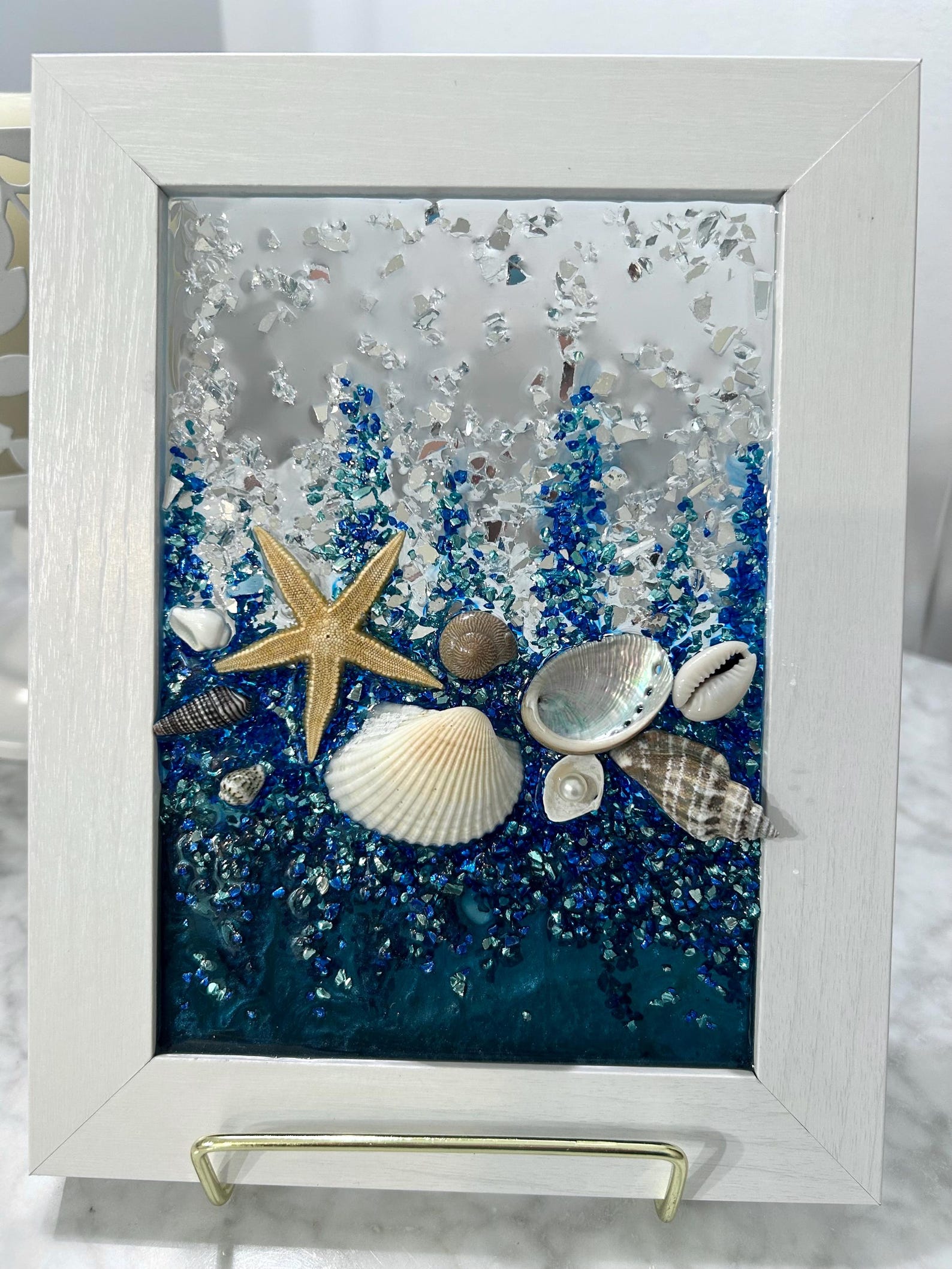 Seashell Sea Glass Resin Beach Art/coastal Blue Beach House Decor Art ...
