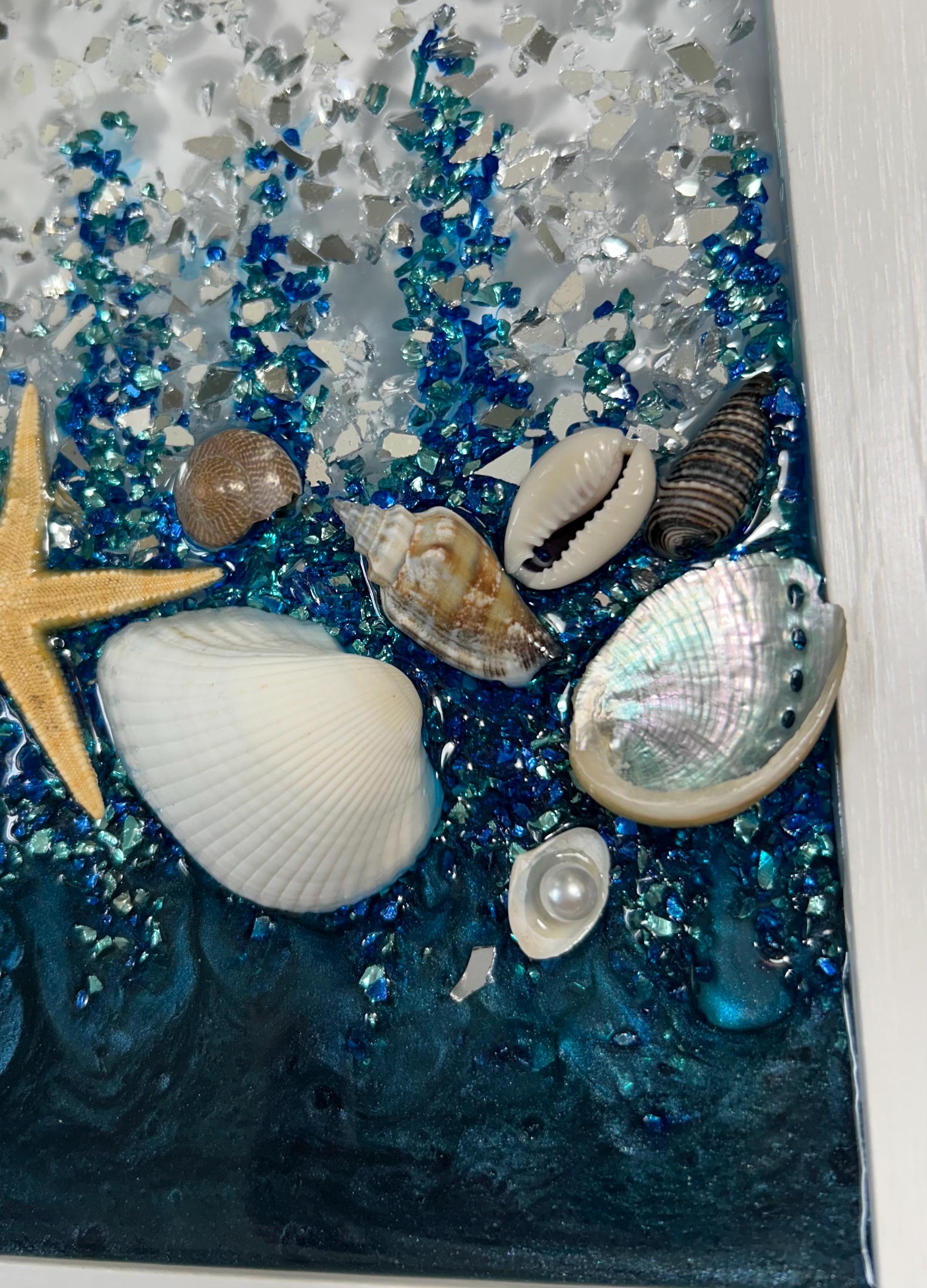 Seashell Sea Glass Resin Beach Art/coastal Blue Beach House Decor Art ...