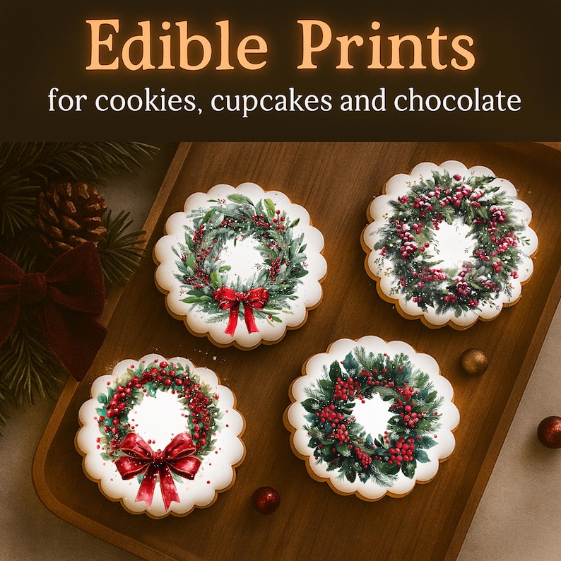Christmas Wreaths Edible Cookies and Cupcake Toppers: Wafer Paper ...