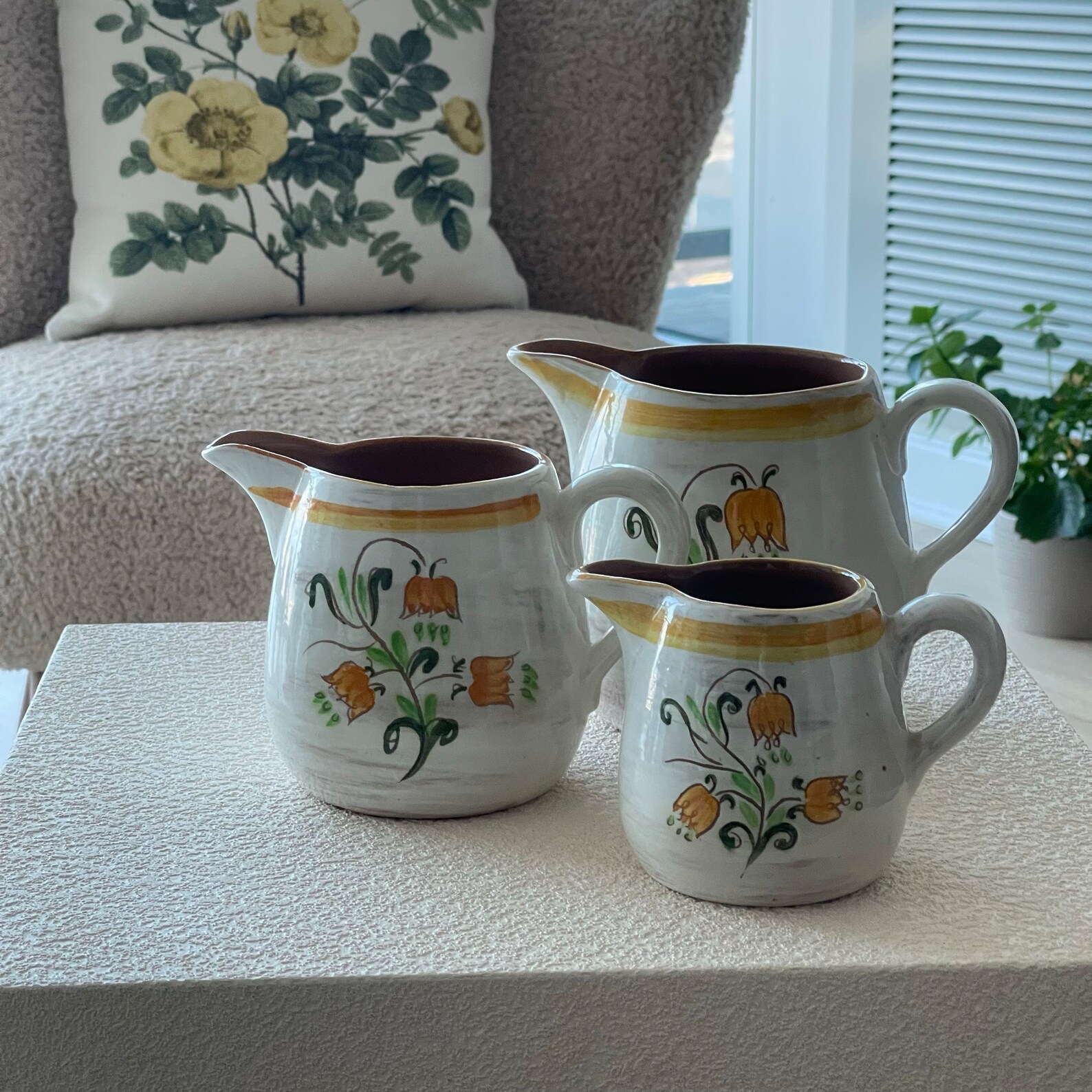 Stangl Pottery Water Pitcher Set of 3 Terra Rose Yellow Tulip Pattern ...
