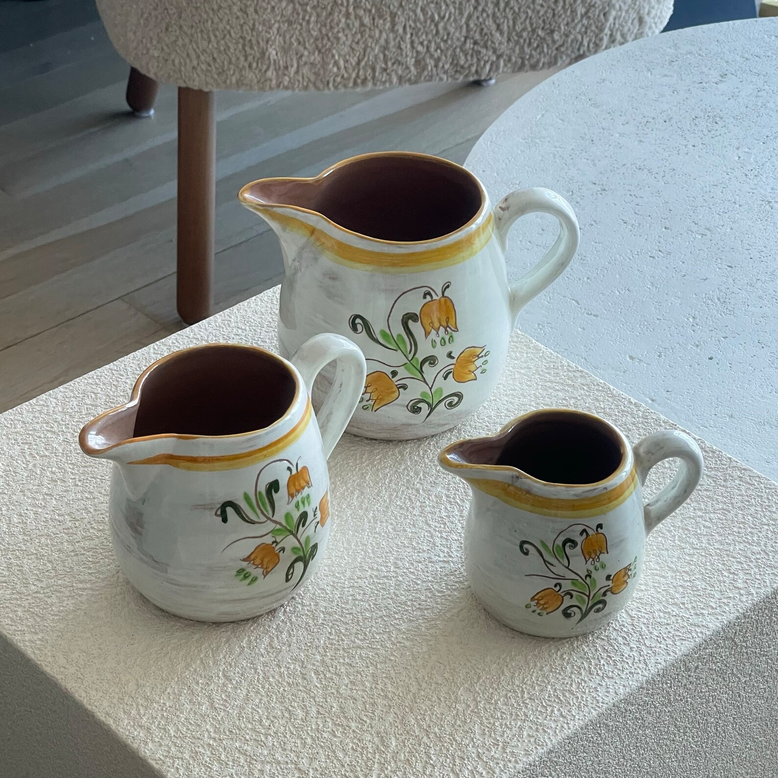 Stangl Pottery Water Pitcher Set of 3 Terra Rose Yellow Tulip Pattern ...