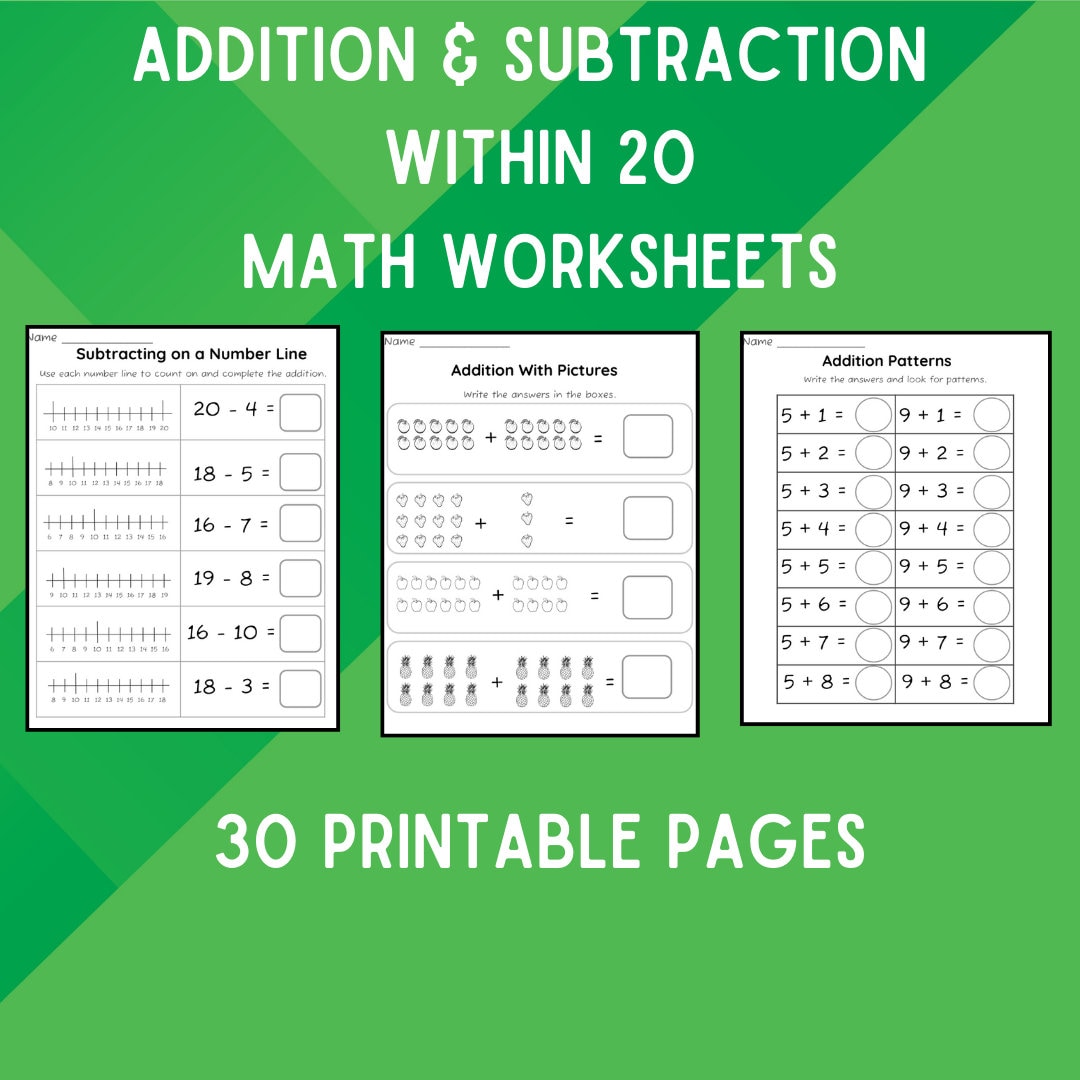 Math - Addition & Subtraction Within 20 Worksheets - Printable - Etsy
