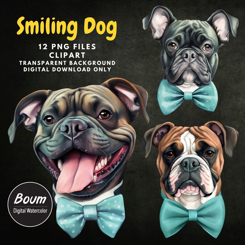 Smiling Dog Bundle, 12 PNG Files Clipart Digital Watercolor ...