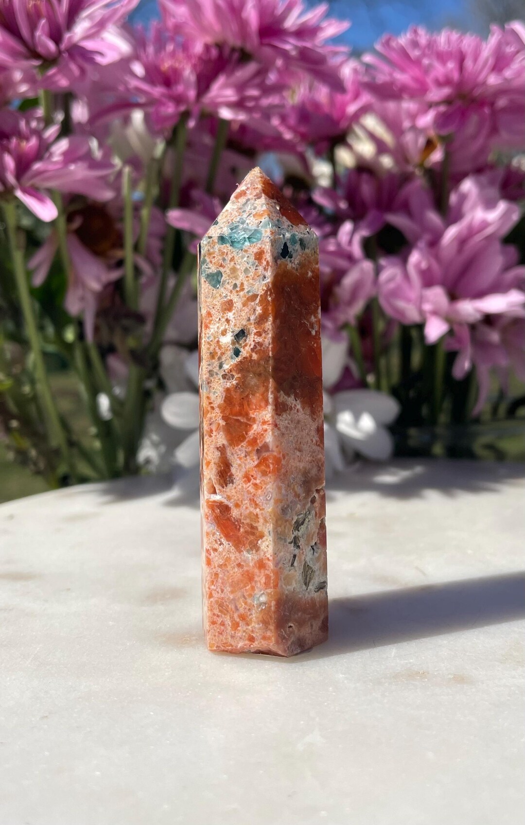 Sunstone With Blue Apatite Tower - Crystal Home Decor - Natural Stone ...