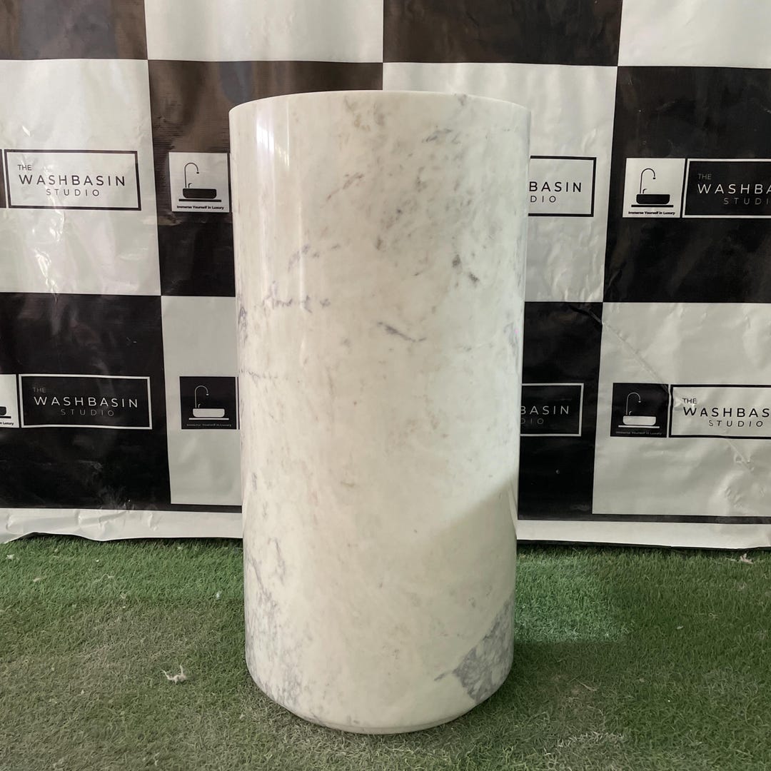 White Marble Pedestal Washbasin | Hand-carved Freestanding Vessel Sink ...