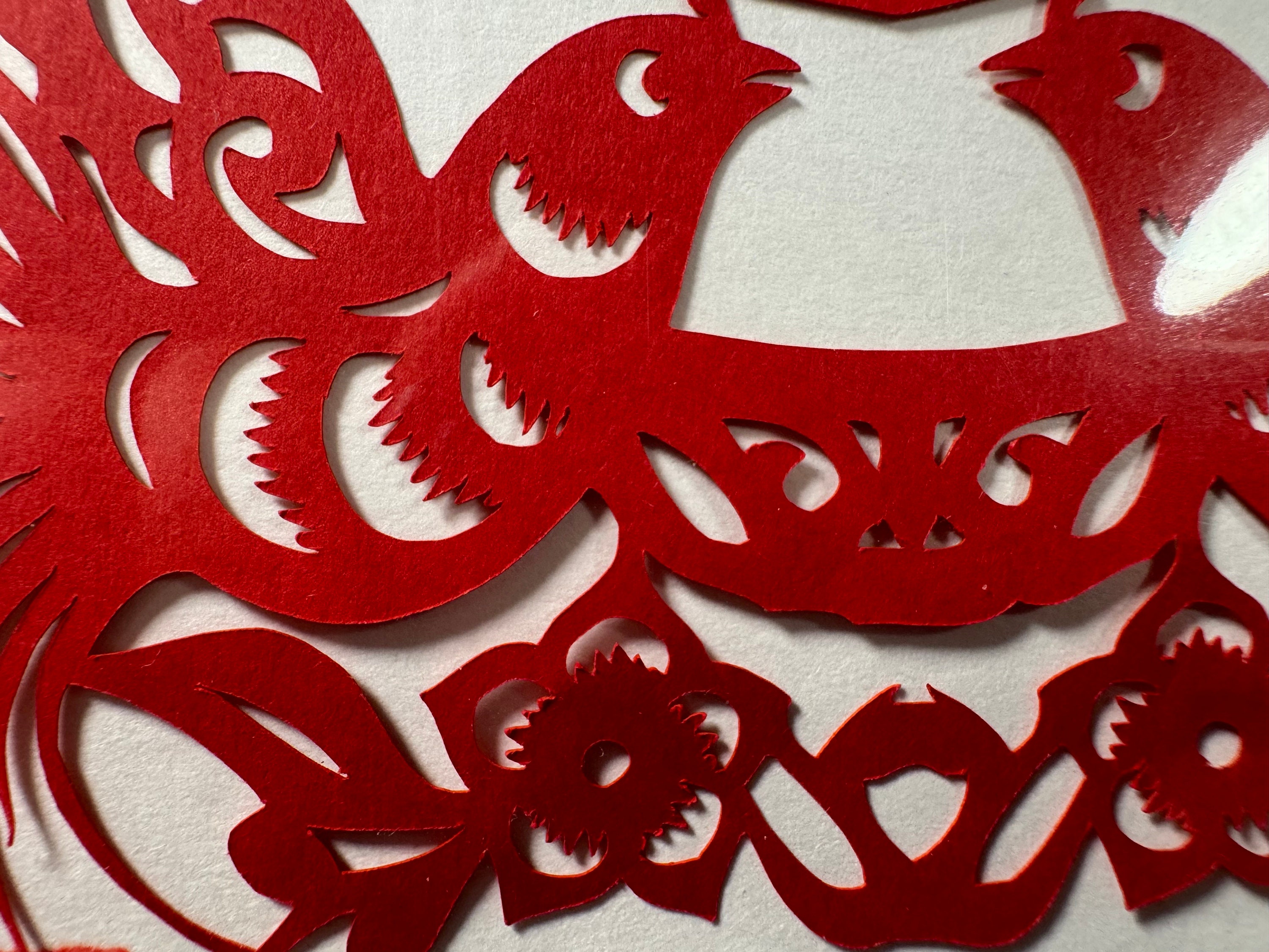 Double Happiness Paper Cut Twin Magpies With Floral Accents Vibrant ...