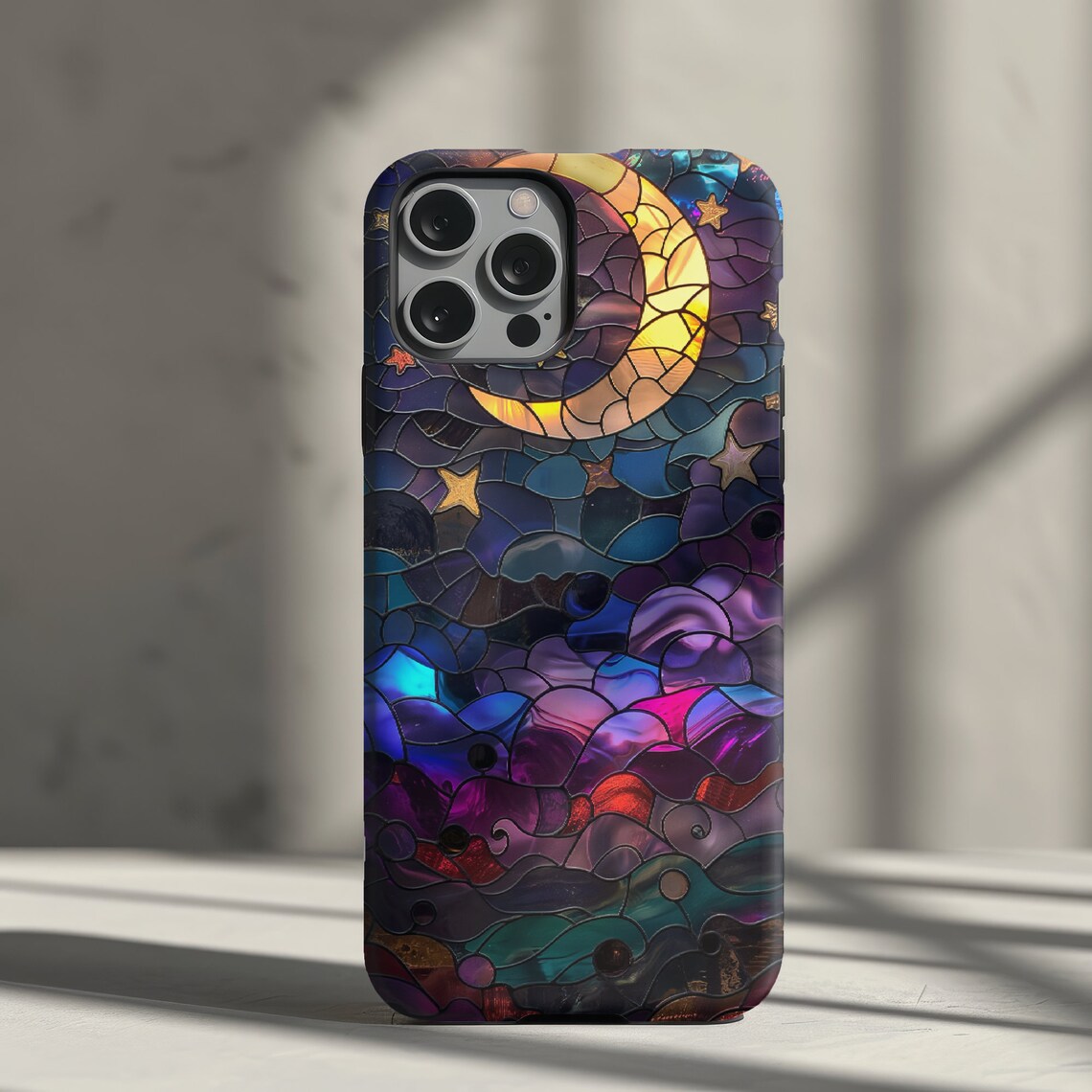 Moon and Stars Phone Case, Celestial Phone Case Stained Glass Illusion ...