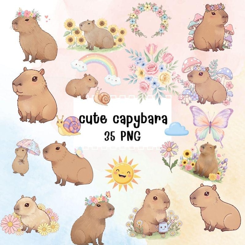 Groovy Capybara Clipart PNG Retro Fall Vibes With Hippie Flowers ...