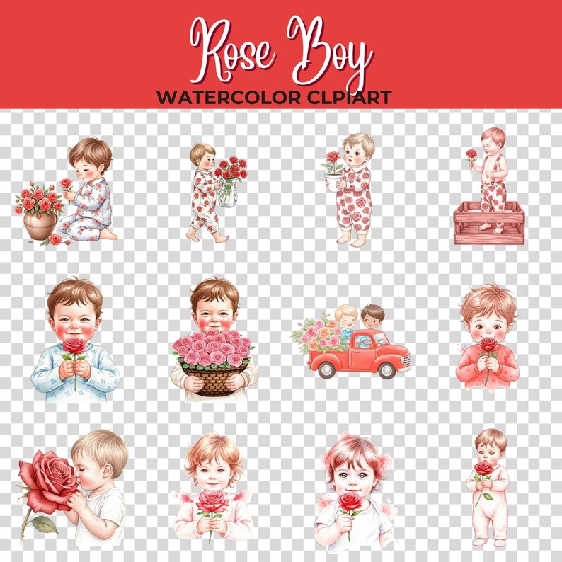 Watercolor Rose Boy Clipart Bundle – 33 PNG Baby Boy With Rose ...