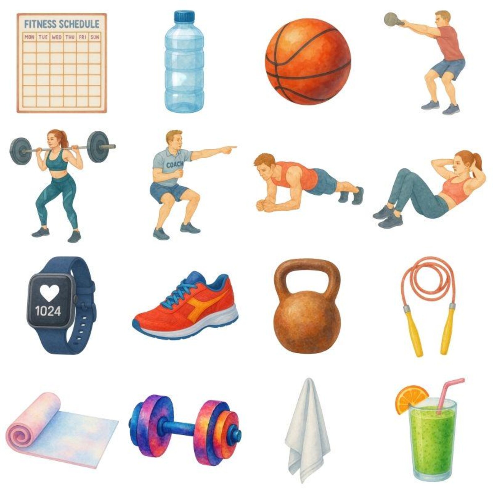 Fitness Clipart Bundle | 40 Watercolor Workout Pngs | Gym Digital ...