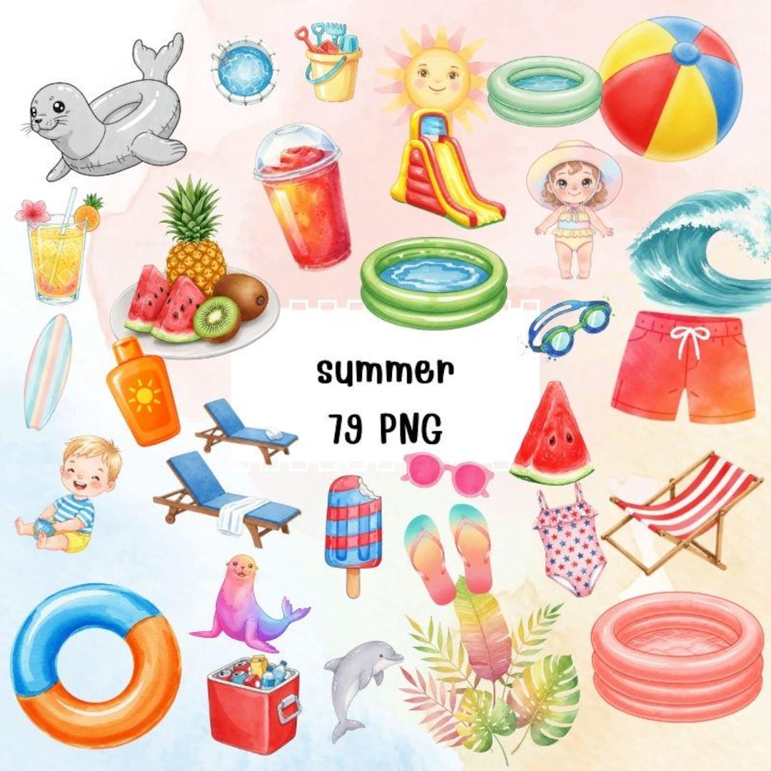Summer Fun Clip Art: Hand-drawn Beach & Pool Illustrations (PNG) - Etsy