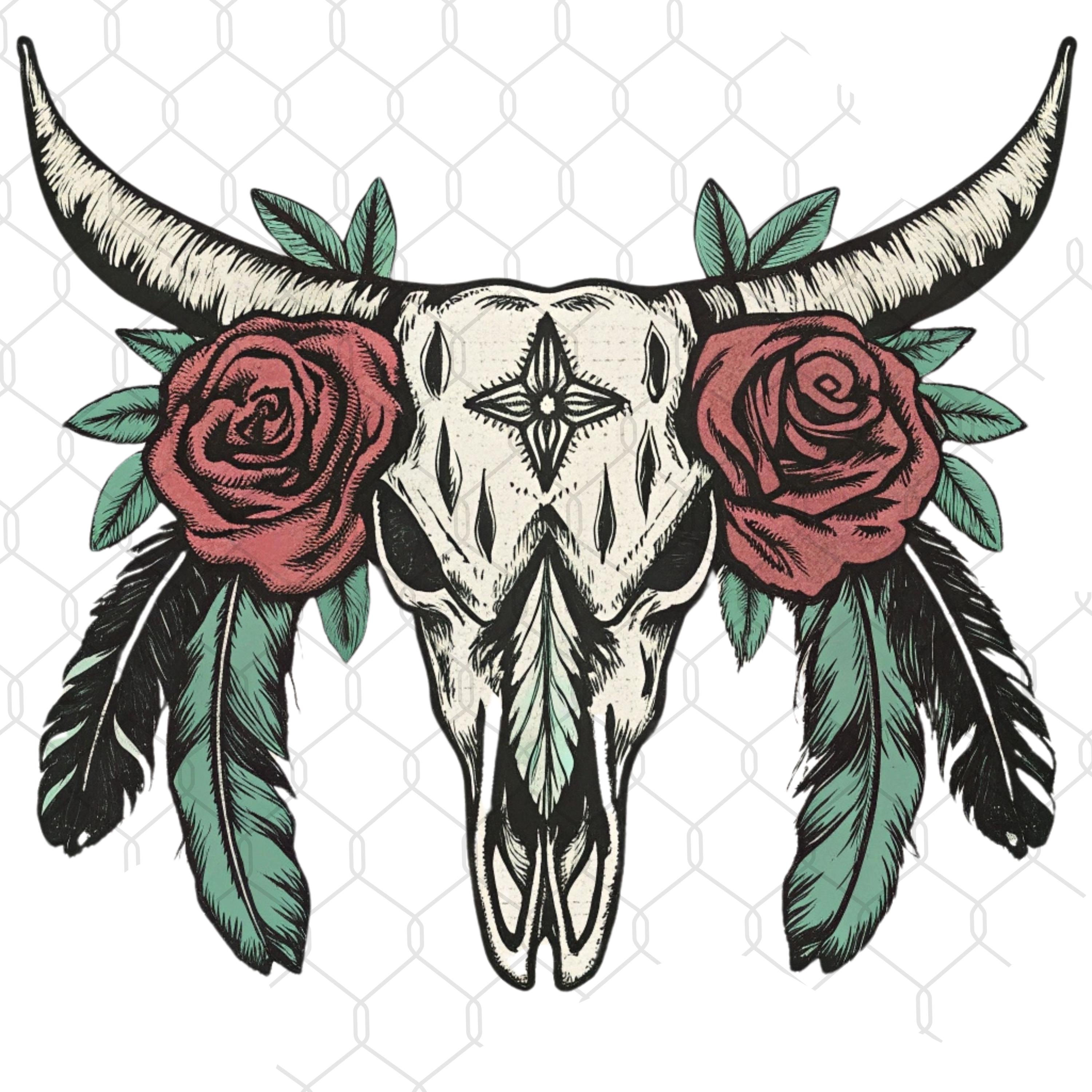 Boho Western Skull PNG, Vintage Cow Skull With Roses Clipart ...
