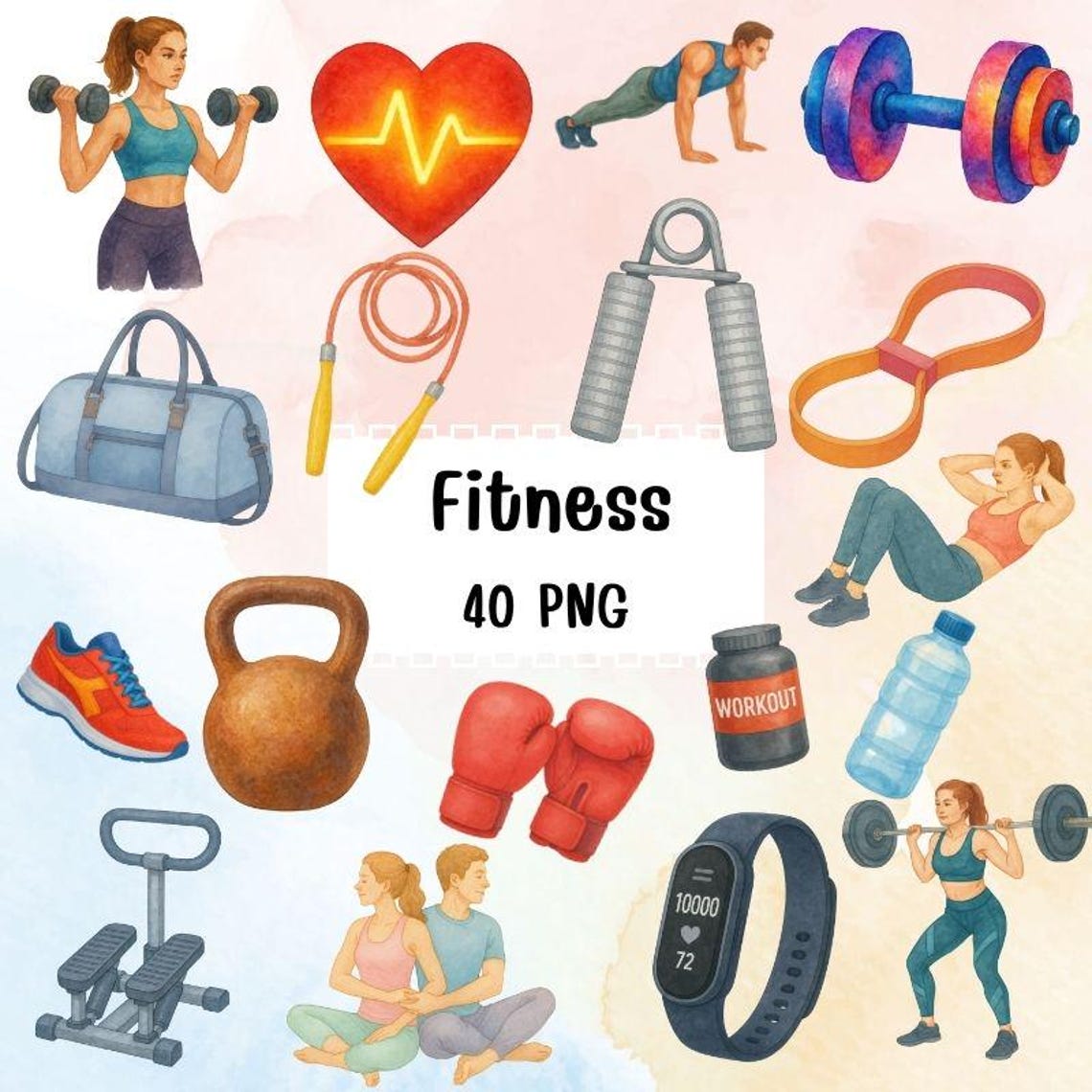 Fitness Clipart Bundle | 40 Watercolor Workout Pngs | Gym Digital ...
