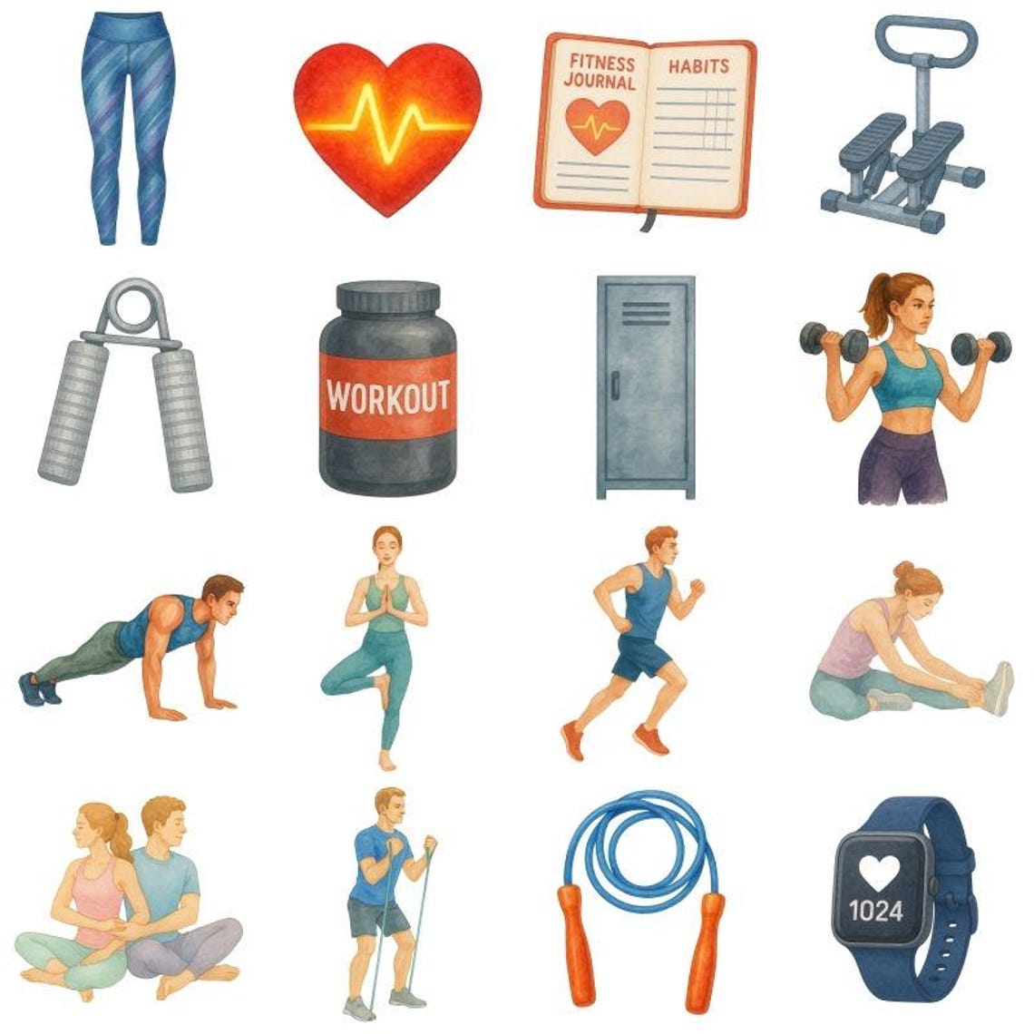 Fitness Clipart Bundle | 40 Watercolor Workout Pngs | Gym Digital ...