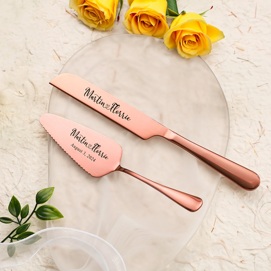 Custom Wedding Cake Serving Set, Custom Rose Gold Engraved Wedding Cake ...